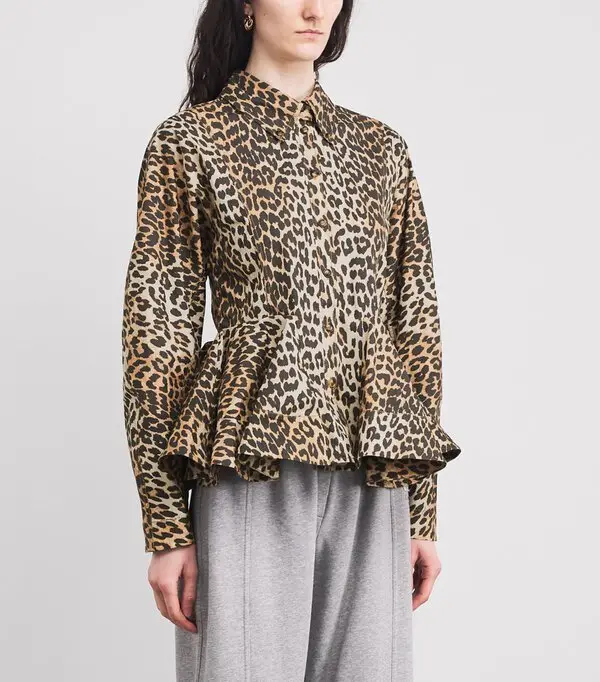 GANNI Organic Cotton Leopard Peplum Blouse - Beige