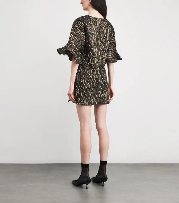 ganni jacquard mini dress GANNI Black Jacquard Puff Sleeve Mini Dress