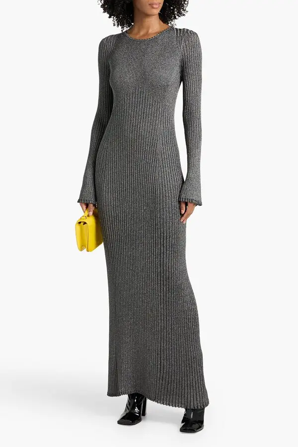 Proenza Schouler Joni Metallic Ribbed-Knit Maxi Dress - Gunmetal - 50% Off  | Editorialist