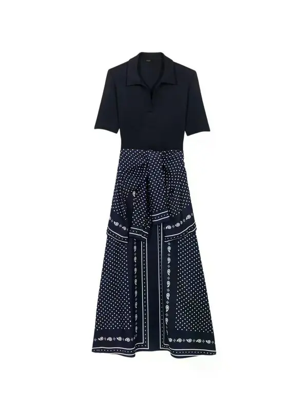 Maje Polka Dot Maxi Dress With Rib-knit Top And Tie-waist Panel - Blue