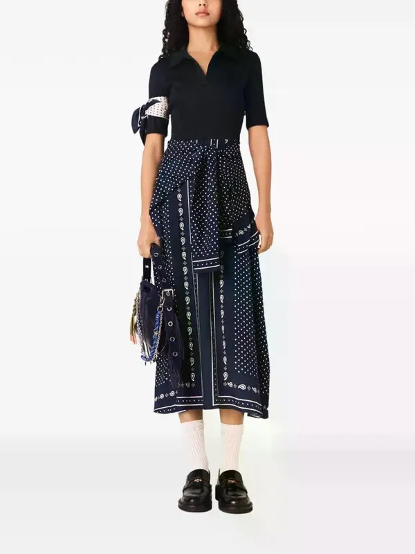 Maje Polka Dot Maxi Dress With Rib-knit Top And Tie-waist Panel - Blue