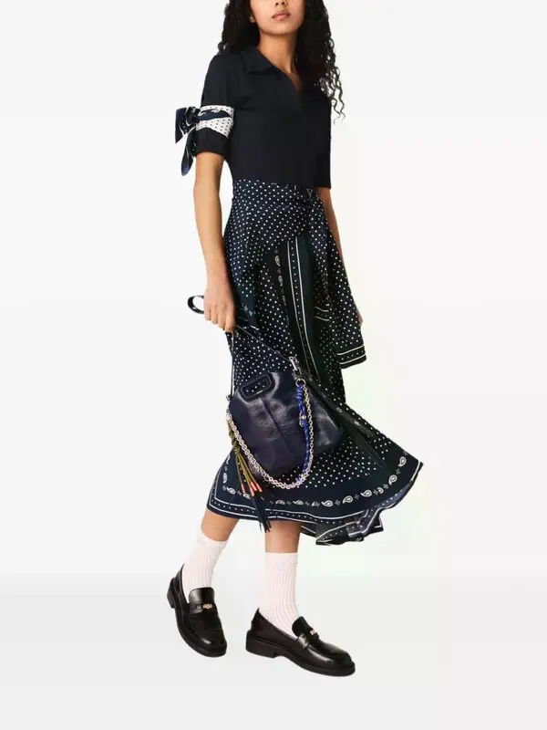 Maje Polka Dot Maxi Dress With Rib-knit Top And Tie-waist Panel - Blue