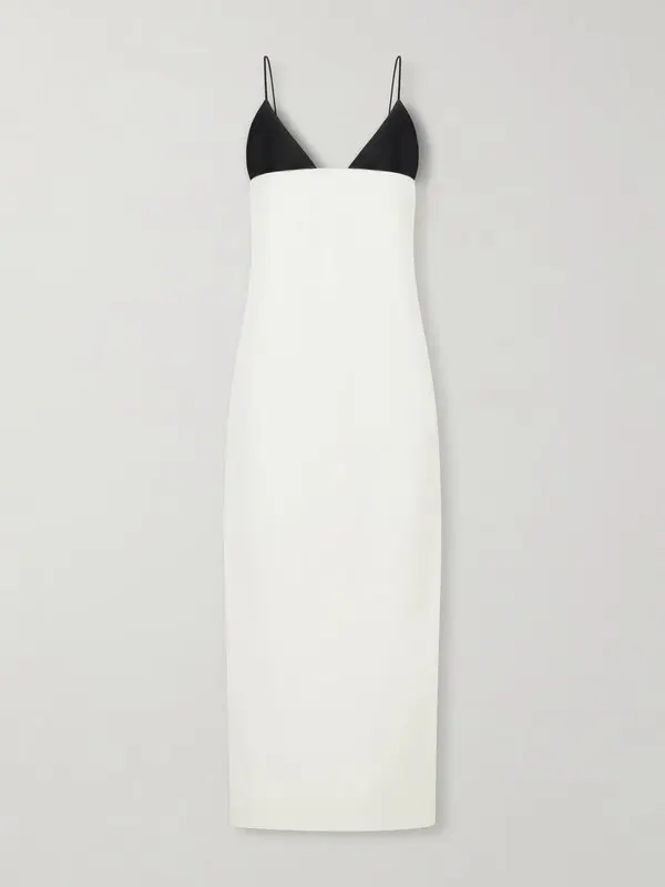 Brandon Maxwell Leather-trimmed Wool And Silk-blend Maxi Dress - White