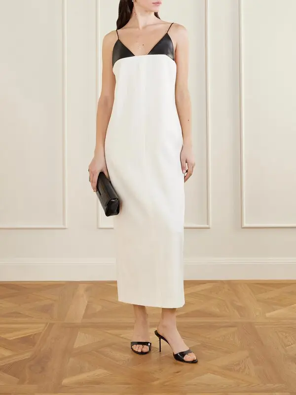 Brandon Maxwell Leather-trimmed Wool And Silk-blend Maxi Dress - White