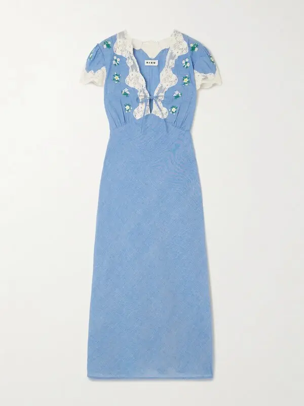 Rixo Amari Lace-trimmed Embroidered Cotton-chambray Midi Dress - Blue