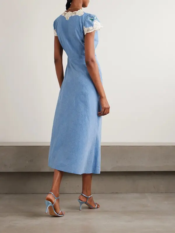 Rixo Amari Lace-trimmed Embroidered Cotton-chambray Midi Dress - Blue