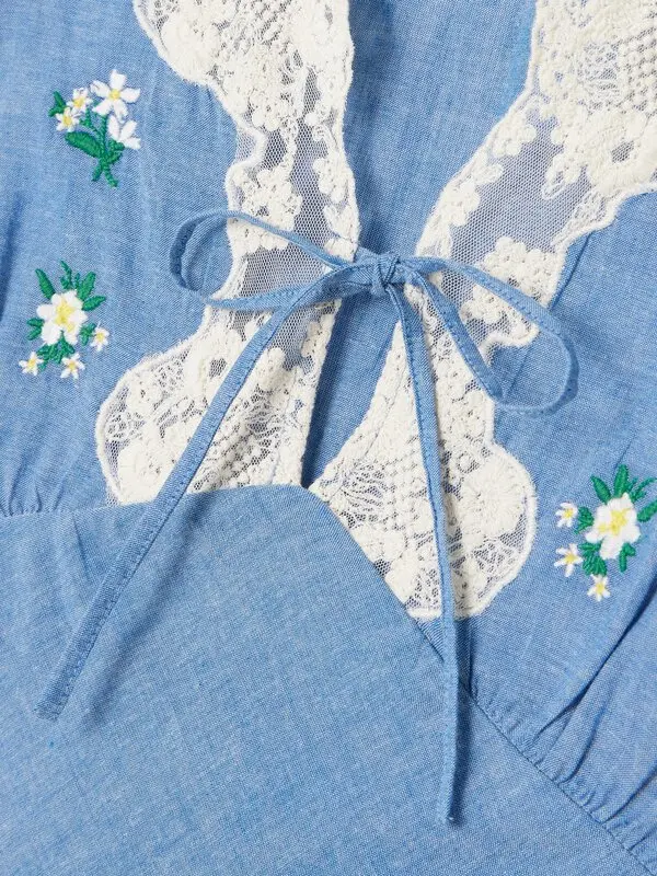 Rixo Amari Lace-trimmed Embroidered Cotton-chambray Midi Dress - Blue