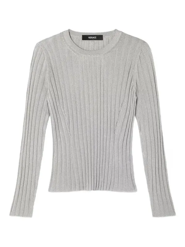 Versace Ribbed Crew-neck Long-sleeve Sweater With Medusa Stud
