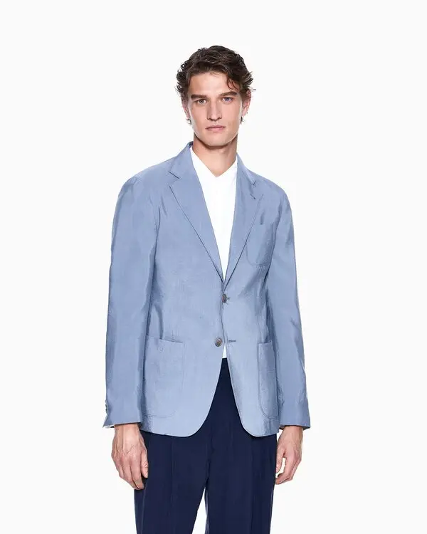 Giorgio Armani Upton Line Single-breasted Jacket In Washed Silk - Light Blue