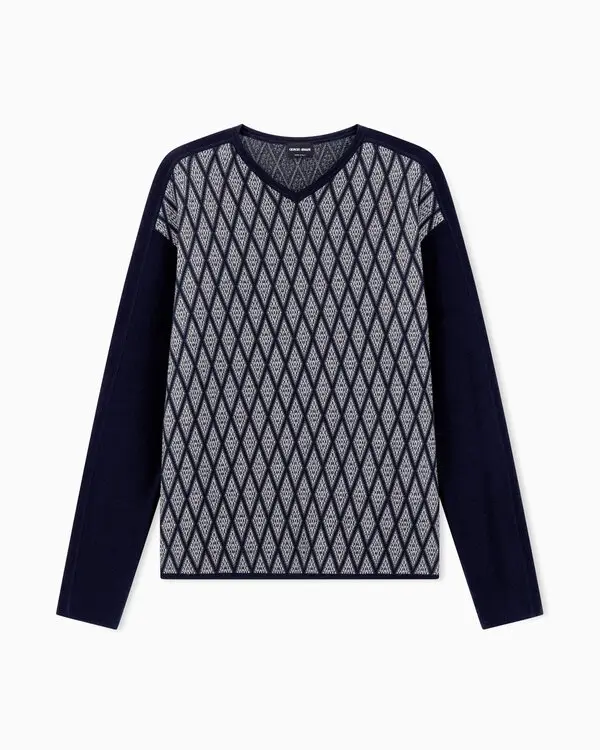 Giorgio Armani Virgin Wool And Cashmere Jacquard Jumper - Navy_blue