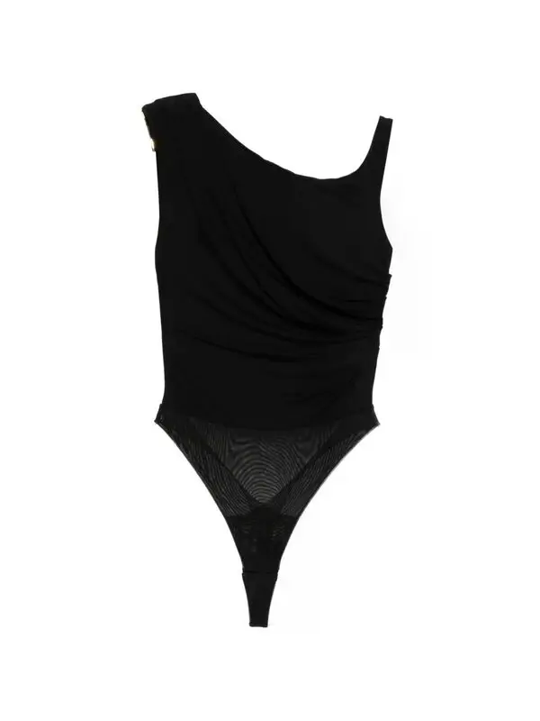 Elisabetta Franchi One-shoulder Draped Bodysuit With Golden Metal Accent - Black