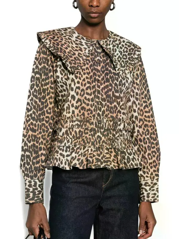 GANNI Leopard-print Ruffled Shirt