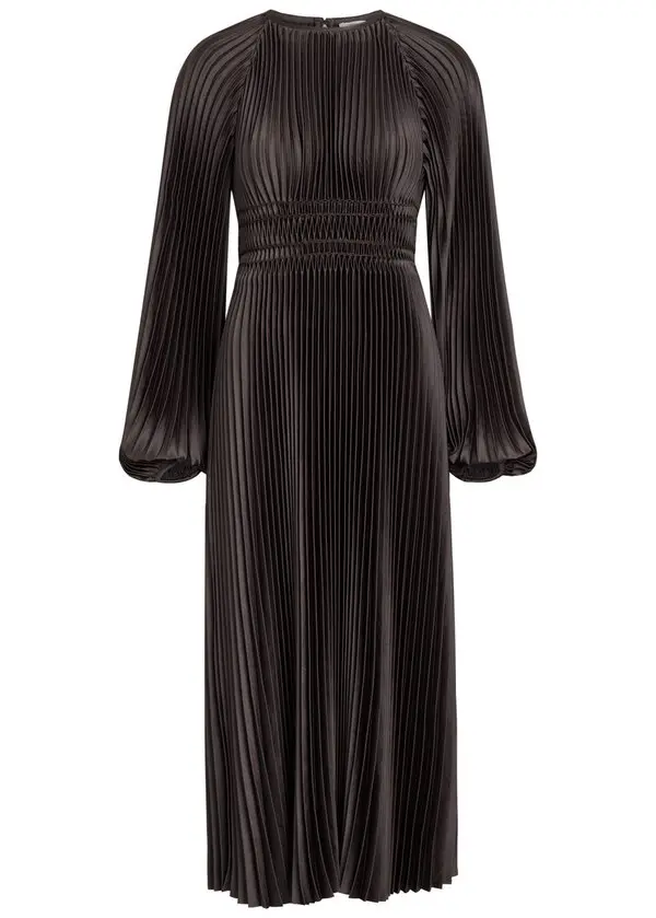 JOSEPH Pleated Satin Midi Dress - Brown