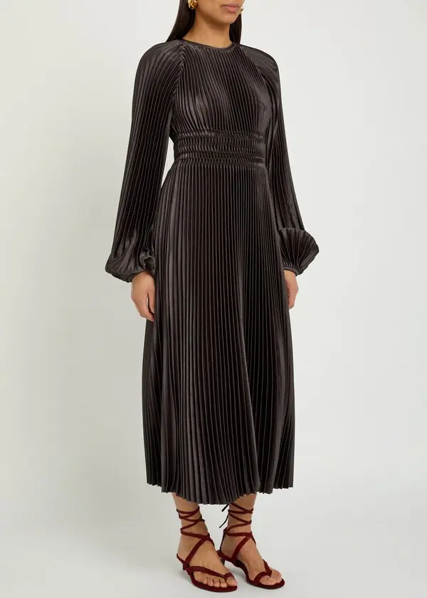 JOSEPH Pleated Satin Midi Dress - Brown