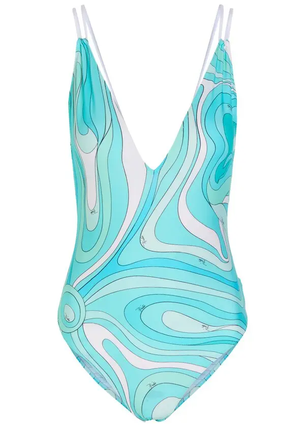 Emilio Pucci Printed Plunge V-neck Swimsuit - Turquoise