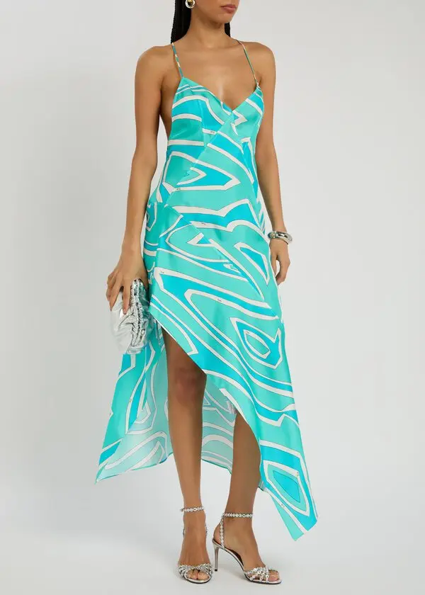 emilio pucci midi dress Pucci - Marmo Print V neck Dress with Asymmetrical Hem - Size: 44 - Turquoise