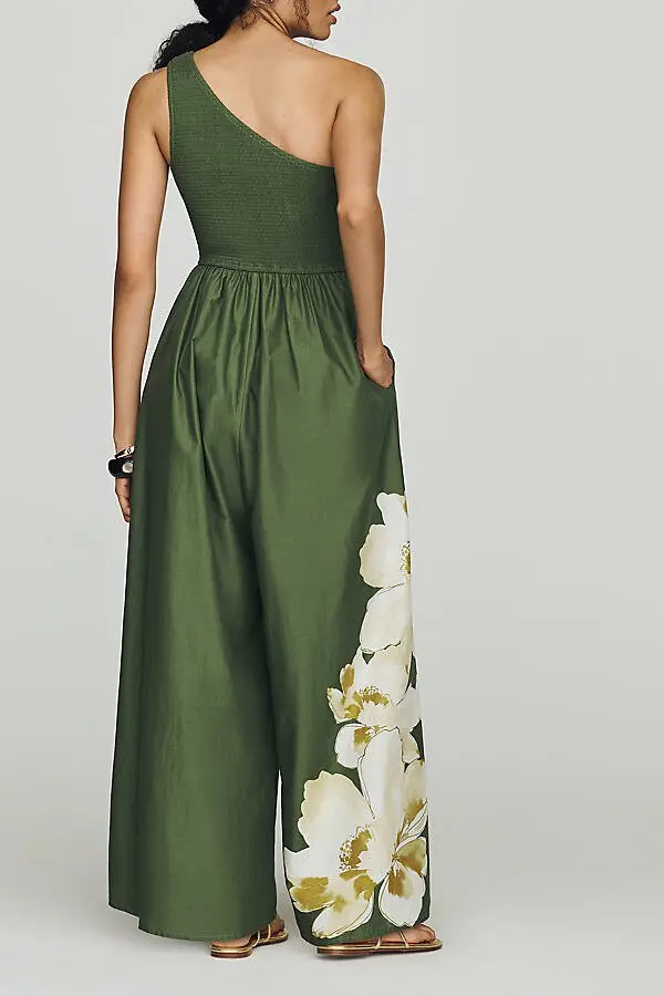 HUTCH Cotton One-shoulder Palm Jumpsuit
