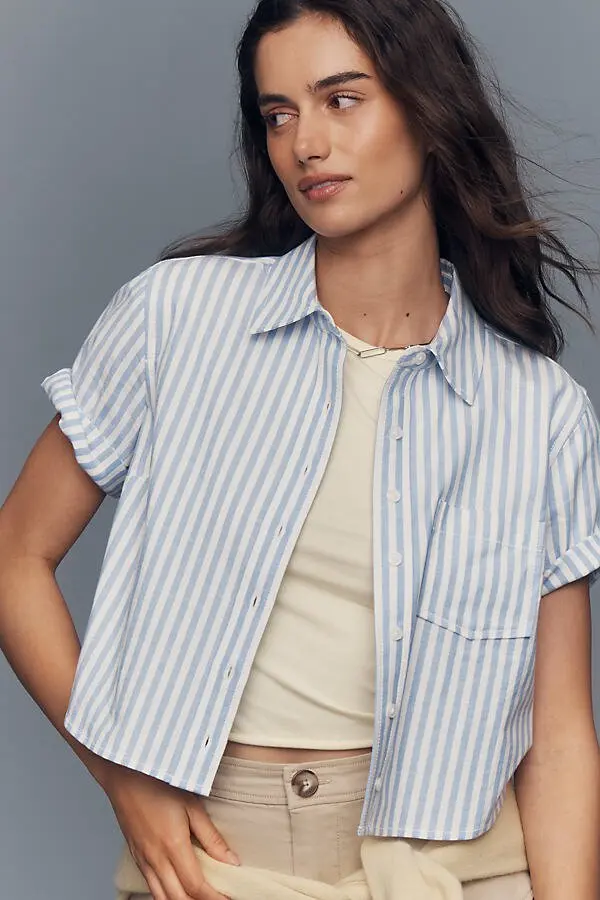 Maeve Merritt Short-sleeve Cropped Buttondown Shirt - Blue Stripe
