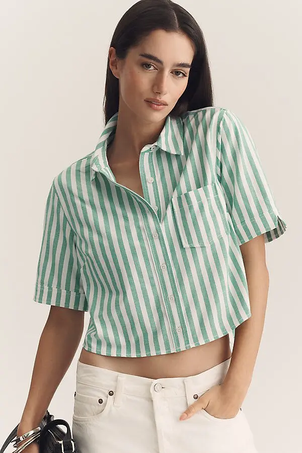 Maeve Merritt Cropped Buttondown Shirt - Green Stripe