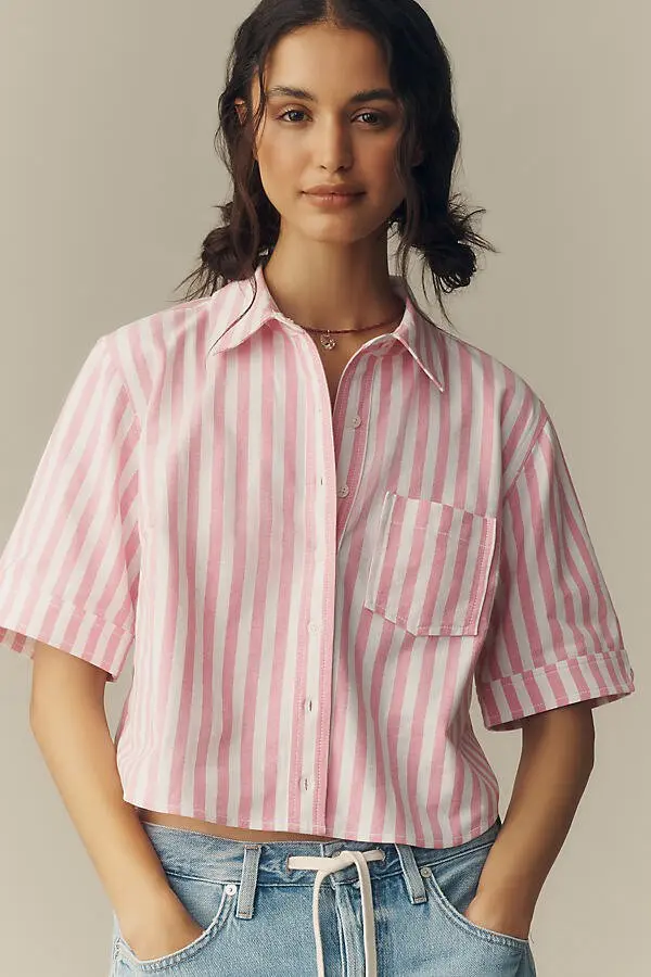 Maeve Short-sleeve Cropped Buttondown Shirt - Pink Stripe