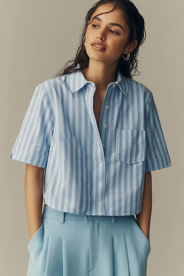 Maeve Short-sleeve Cropped Buttondown Shirt - Purple Blue Stripe