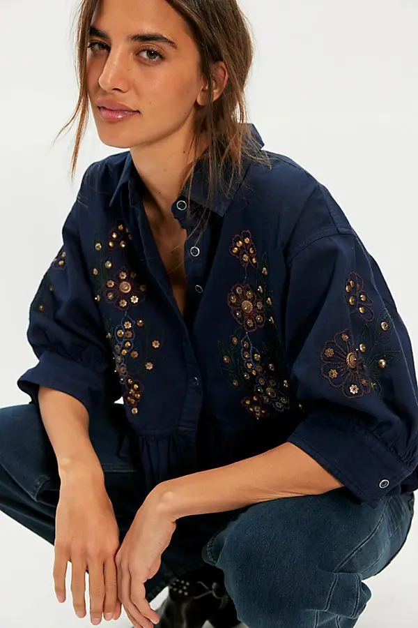 Free People We The Free Bailey Embellished Denim Shirt - Washed Black