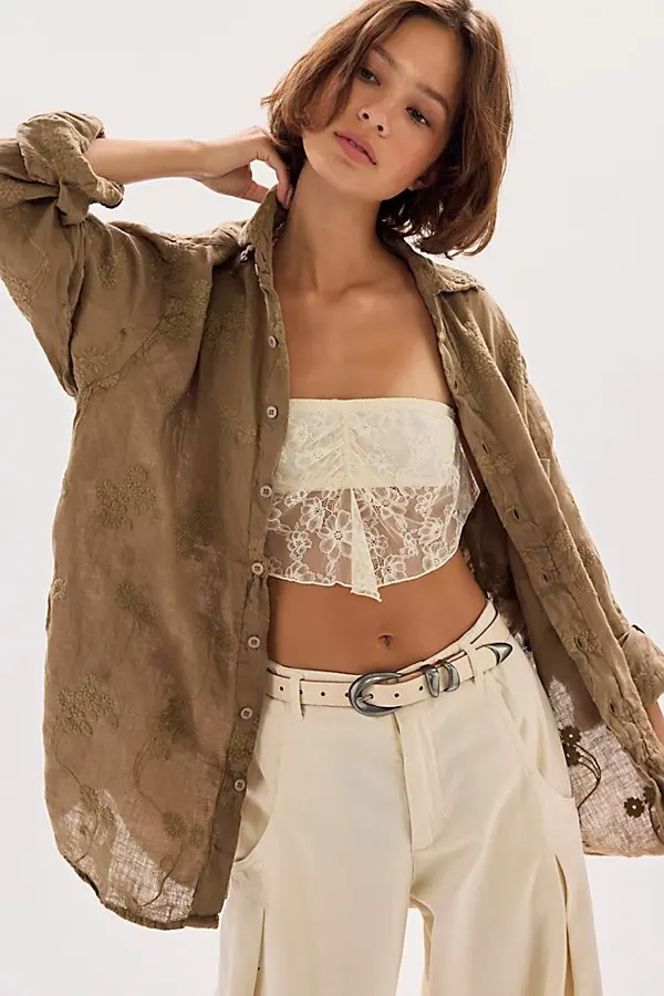 LLEA BLUE Embroidered Linen Button-down Shirt - Bark