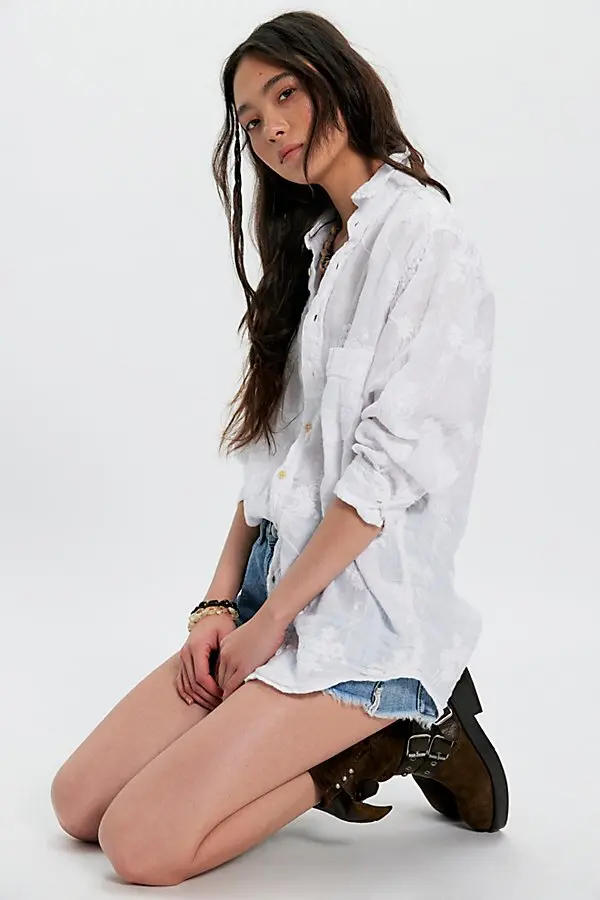 LLEA BLUE Embroidered Linen Button-down Shirt - Ivory
