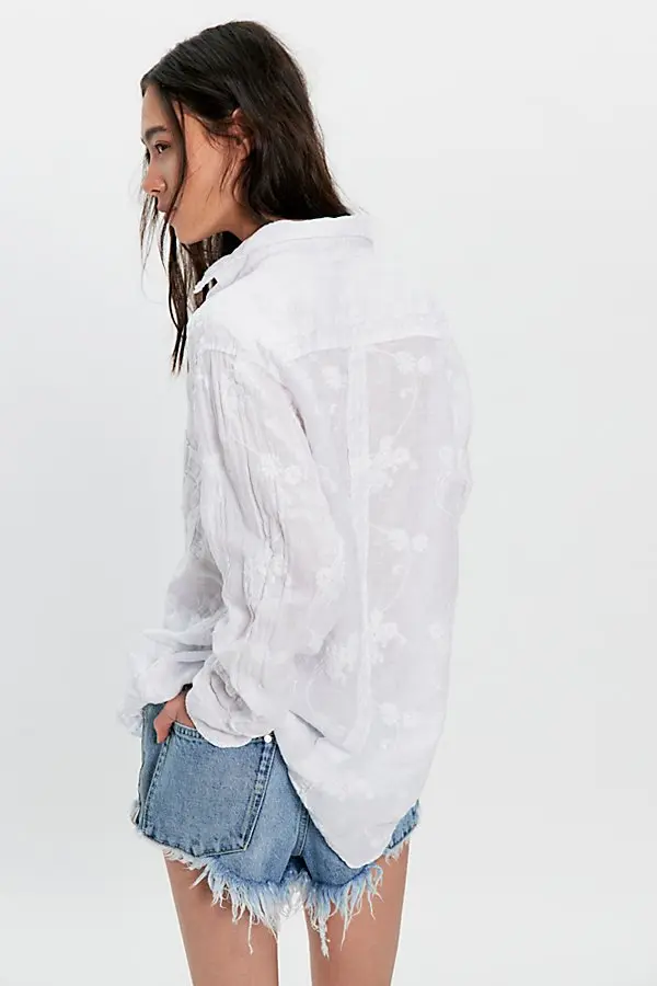 LLEA BLUE Embroidered Linen Button-down Shirt - Ivory