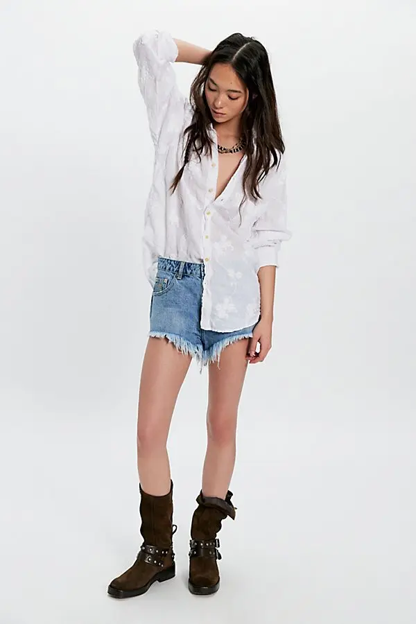 LLEA BLUE Embroidered Linen Button-down Shirt - Ivory