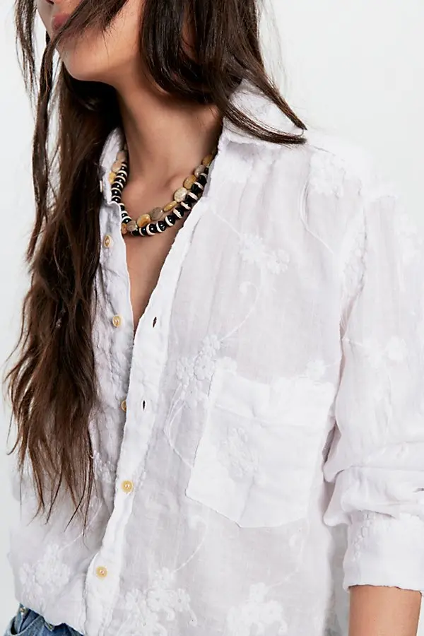 LLEA BLUE Embroidered Linen Button-down Shirt - Ivory