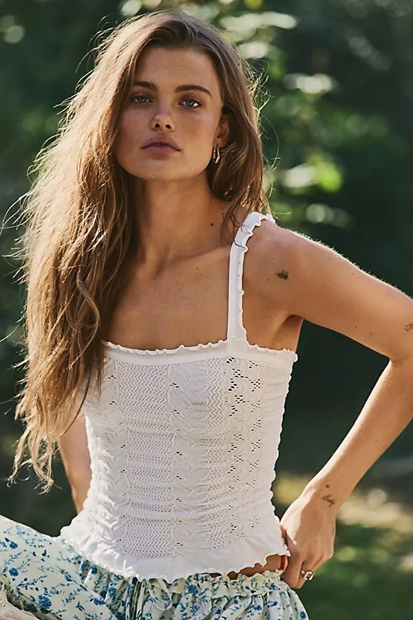 Free People Frill Square Neck Tank Top - Clean Ivory