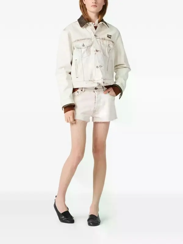 Miu Miu Denim Blouson Jacket With Antiqued Leather Logo - Neutrals