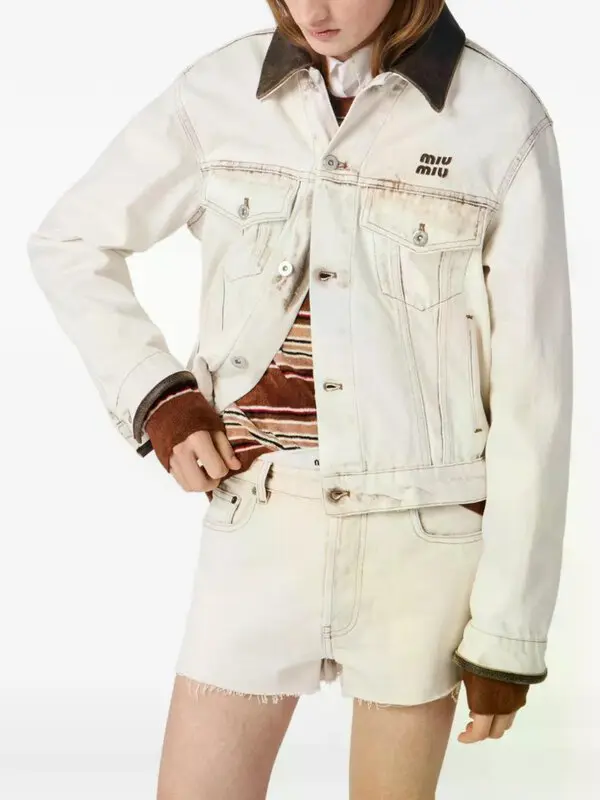 Miu Miu Denim Blouson Jacket With Antiqued Leather Logo - Neutrals