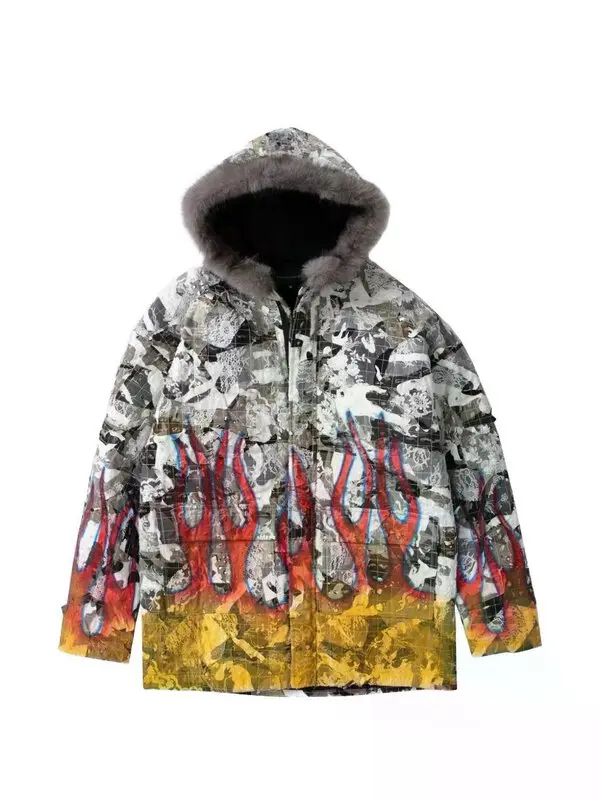WHO DECIDES WAR Flame-print Hooded Parka Coat - Grey