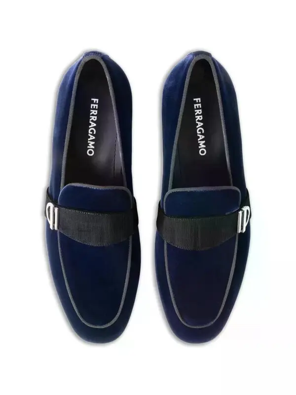 FERRAGAMO Gancini-detail Velvet Loafers - Blue