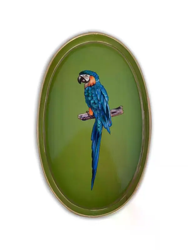 LES-OTTOMANS Hand-painted Parrot-print Tray - Green