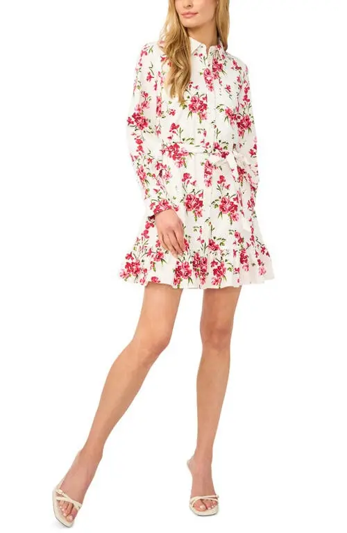 CECE DUPRAZ Ruffle Floral Print Tie Waist Shirtdress - Egret
