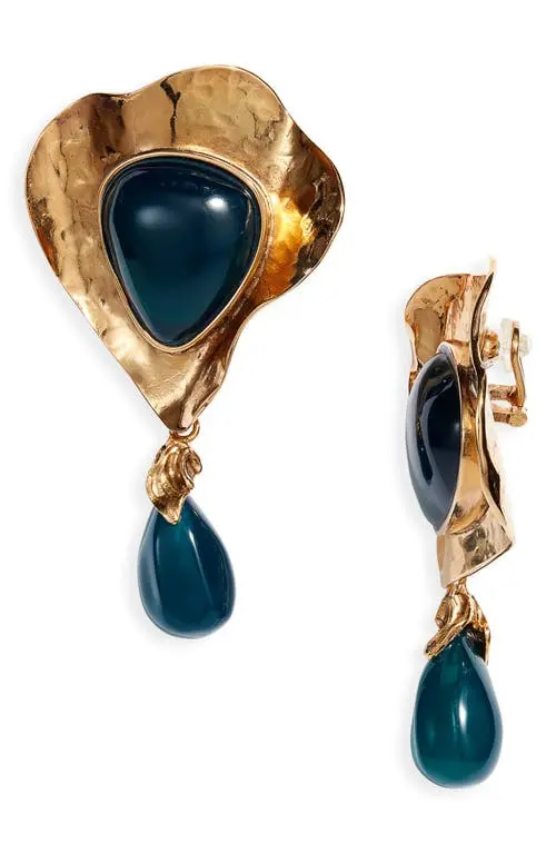Saint Laurent Heart Drop Cabochon Clip-on Earrings - Dark Green/gold
