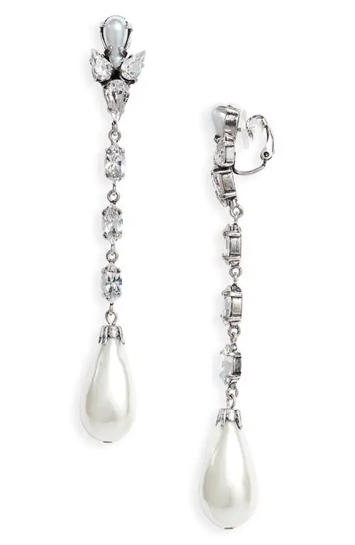 Saint Laurent Pendant Rhinestone & Faux Pearl Clip-on Earrings - Creme/crystal/oxidized Silver