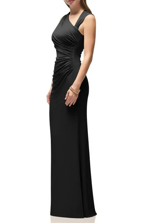 After Six Ruched Asymmetric Neck Satin Gown