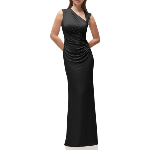 After Six Ruched Asymmetric Neck Satin Gown - Black