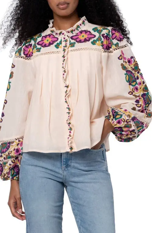 CIEBON Floral Ruffle Placket Button-up Shirt