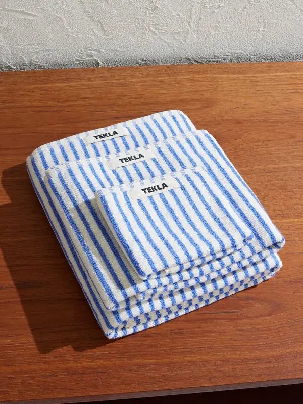 TEKLA Set-of-three Logo-appliquéd Striped Organic Cotton-terry Towels - Blue