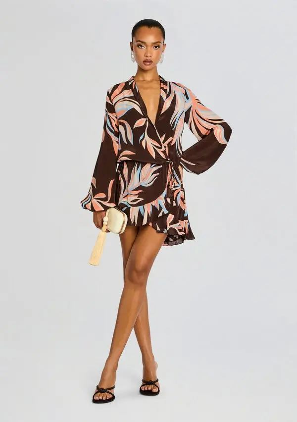 Rococo Sand Floral Print Front Wrap Mini Dress - Brown