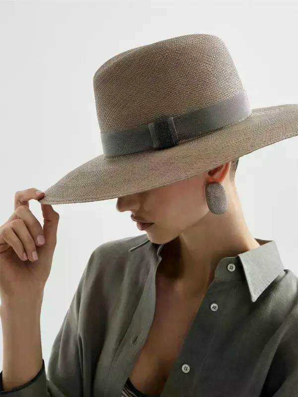 Brunello Cucinelli Leather Band Straw Fedora Hat