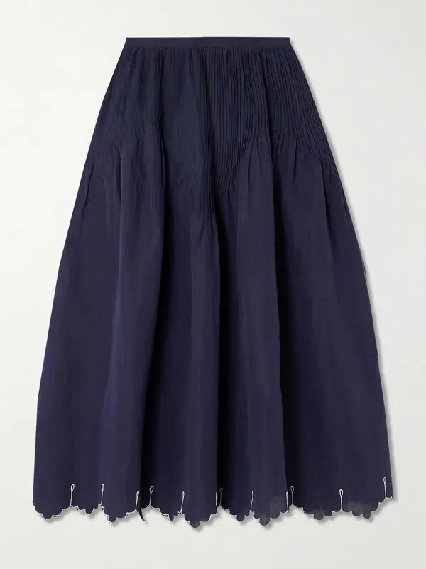 Thierry Colson Pintucked Embroidered Cotton And Linen-blend Midi Skirt