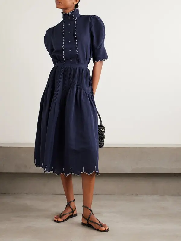 Thierry Colson Pintucked Embroidered Cotton And Linen-blend Midi Skirt
