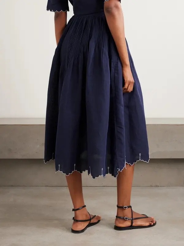 Thierry Colson Pintucked Embroidered Cotton And Linen-blend Midi Skirt