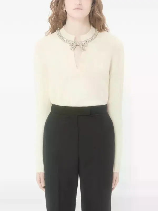 Valentino Garavani Wool Jumper With Rhinestone Bow - Neutrals